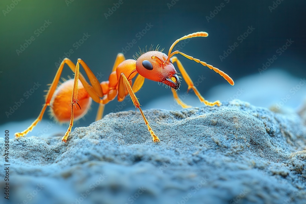 macro photograph of a vibrant red ant exploring intricate textures of a ...