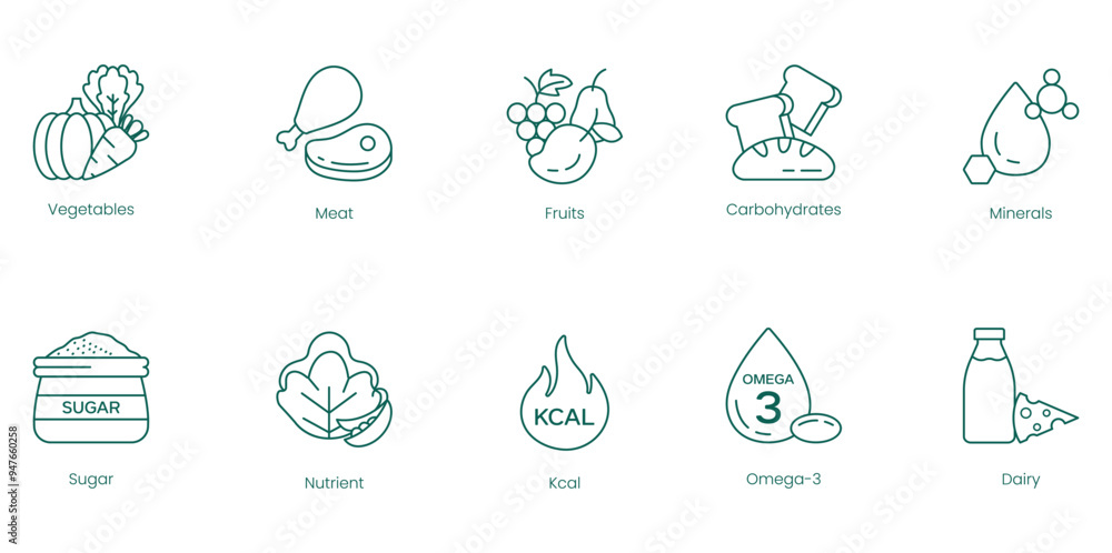 Comprehensive Food and Nutrition Icons: Vegetables, Meat, Fruits ...