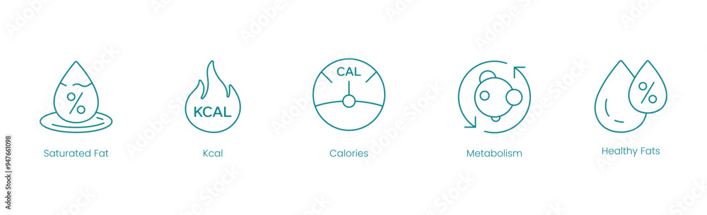 Dietary Health and Nutrition Vector Icons: Saturated Fats, Kcal ...
