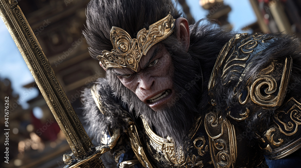 Sun Wukong in golden armor with spiky hair on dark background ...