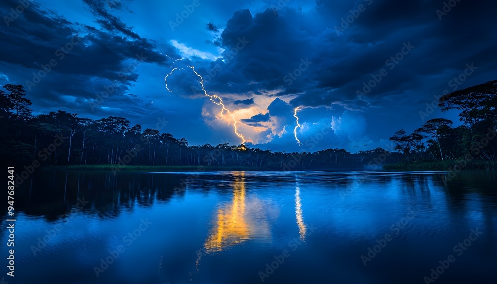 Lightning over the Amazon River at night, a blue sky with dark clouds ...