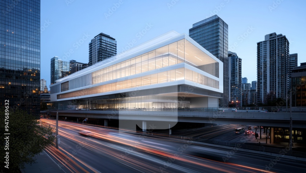 A modern office building in the city, featuring glass facades and ...