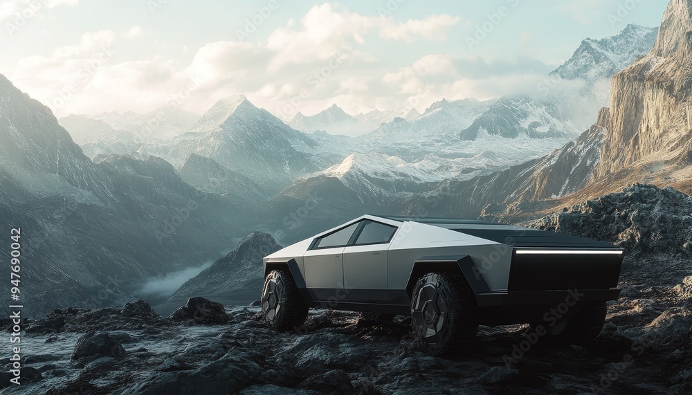 Stunning cybertruck displayed on rocky mountain summit with ...