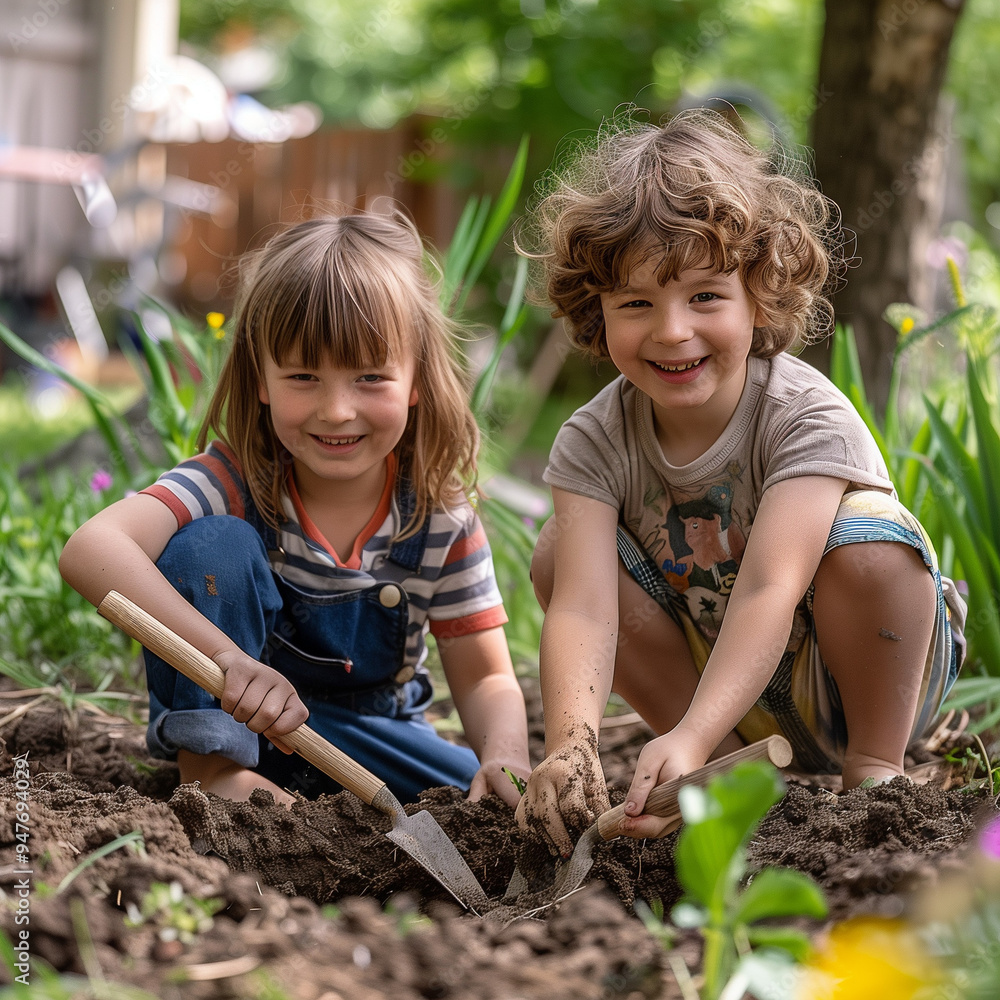 happy kids playing in the lawn, digging a hole, children happily ...