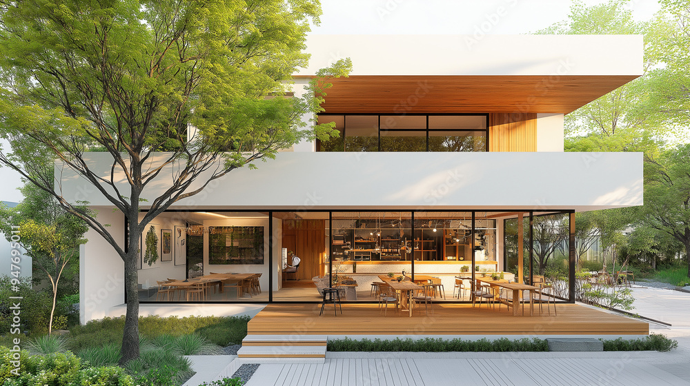 A photo of the front view exterior design for an outdoor cafe shop in ...