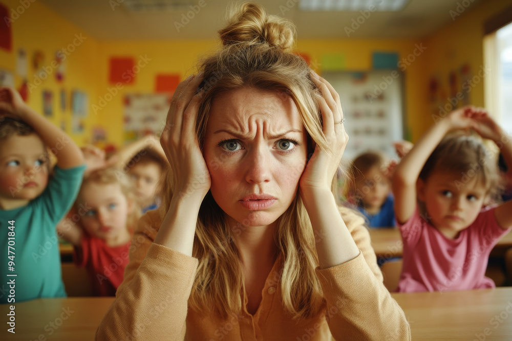 Daycare teacher overwhelmed with too many kids in her classroom Stock ...