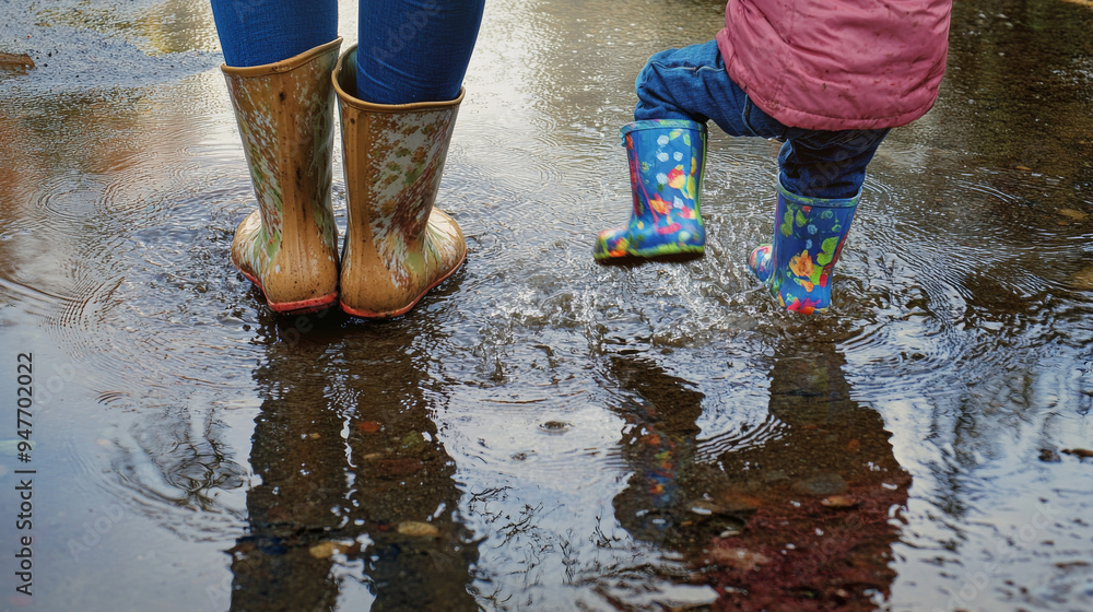 mother and her child wearing rain boots and splashing in puddles during ...