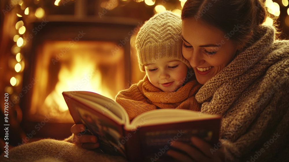 Mother and her child cuddled up under a blanket, reading a storybook by ...