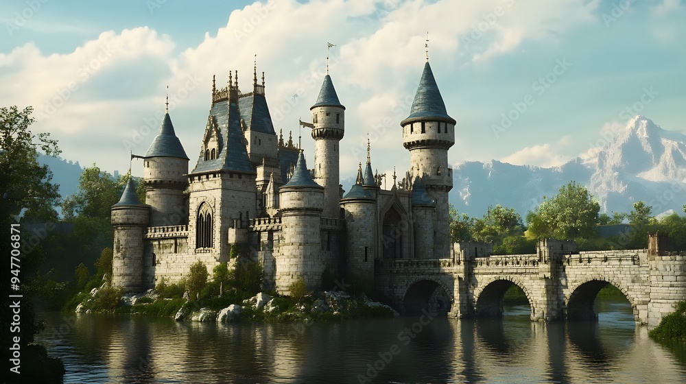 150. "A captivating 3D scene of a grand medieval castle with turrets ...