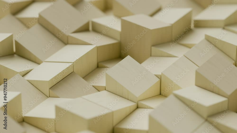 Abstract dynamic cubic looped wave of yellow wooden cubes blocks squares bricks 3D shapes moving ...