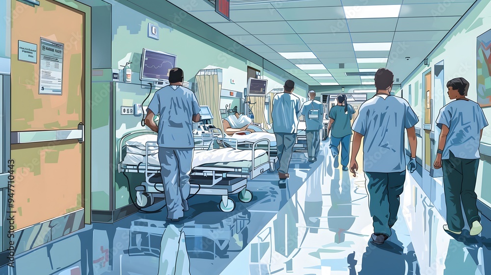 Healthcare workers in a busy hospital ward Stock Illustration | Adobe Stock