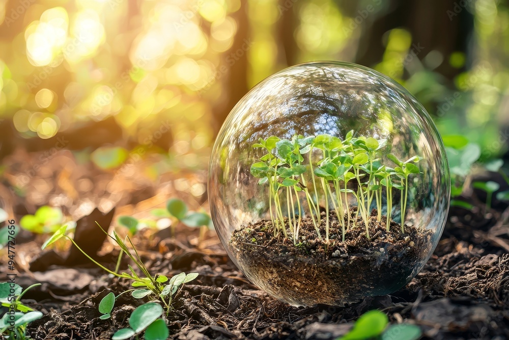 Green forest flora surrounds the globe, representing nature ...