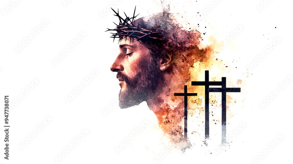 Jesus's face adorned with a crown of thorns stands in profile against a ...