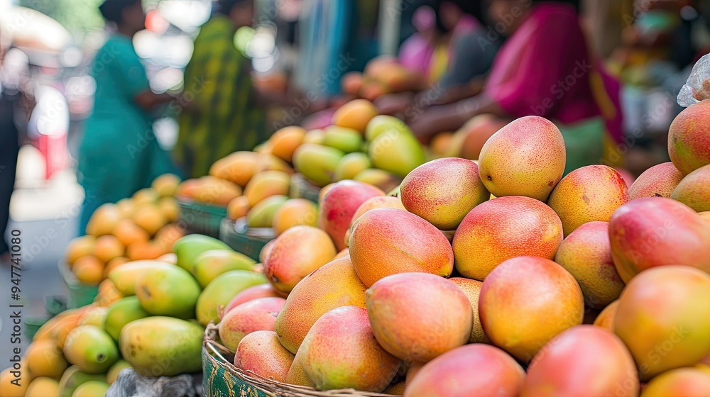 Freshly picked mangoes on display at a busy street market, with ...