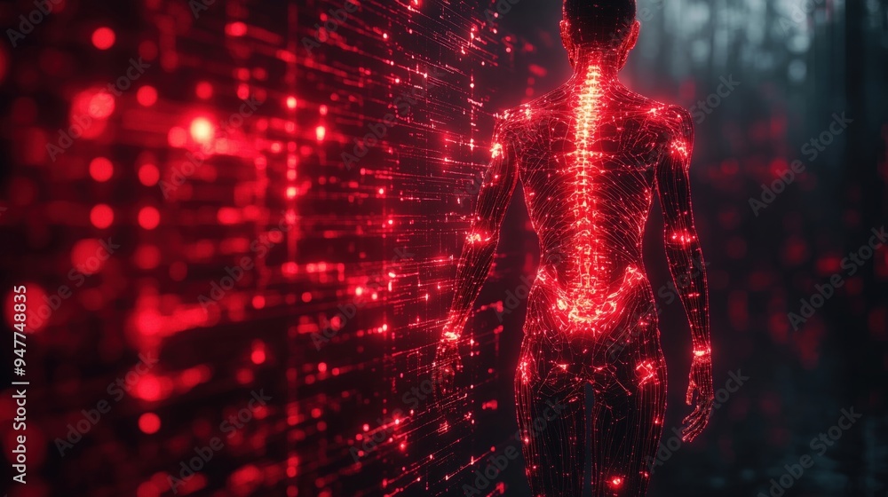 Holographic depiction of skeletal structure, irritation zones glowing ...