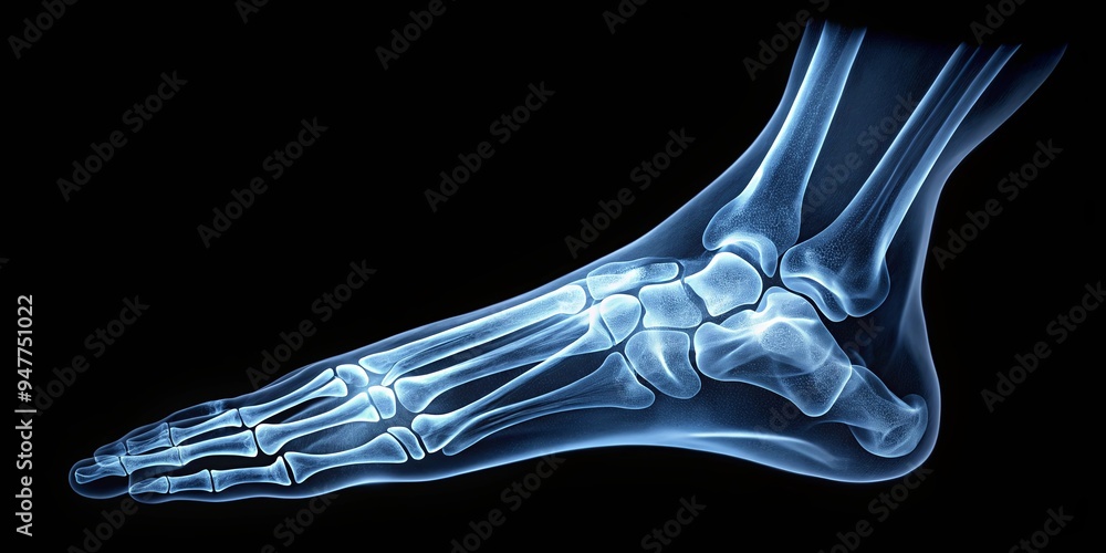 X-ray image of human foot, ankle, and leg bones showing skeletal ...