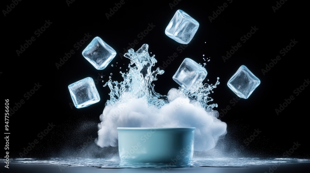 A still life composition featuring ice cubes, liquid water, and steam ...