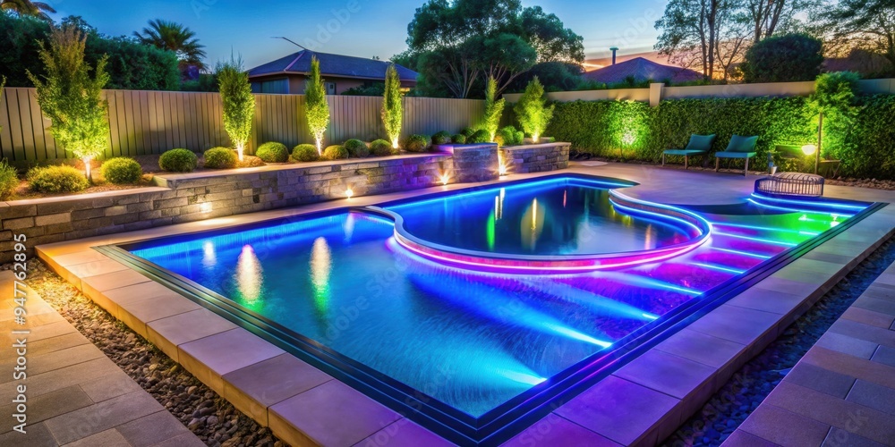 Backyard oasis with LED strips creating vibrant patterns around a pool ...