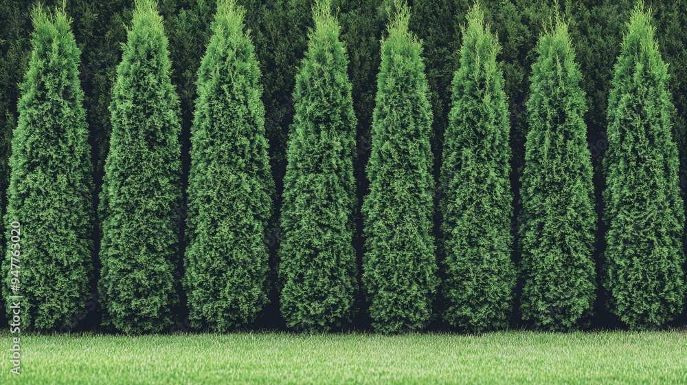 Row of thuja trees forming a green hedge, with dense foliage creating a ...