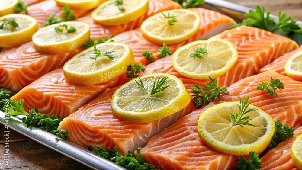 Buffet display of salmon fillets garnished with lemon slices, salmon ...