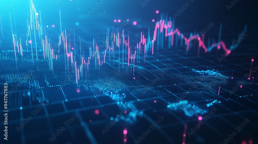 Abstract stock market candlesticks and world map on technology blue ...