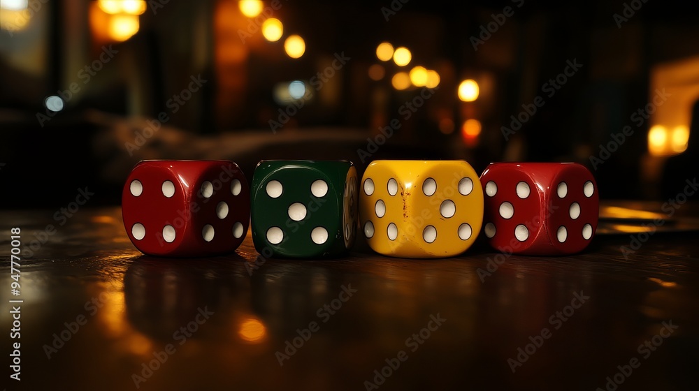 Four dice, one clearly red and white, the other clearly white and black ...
