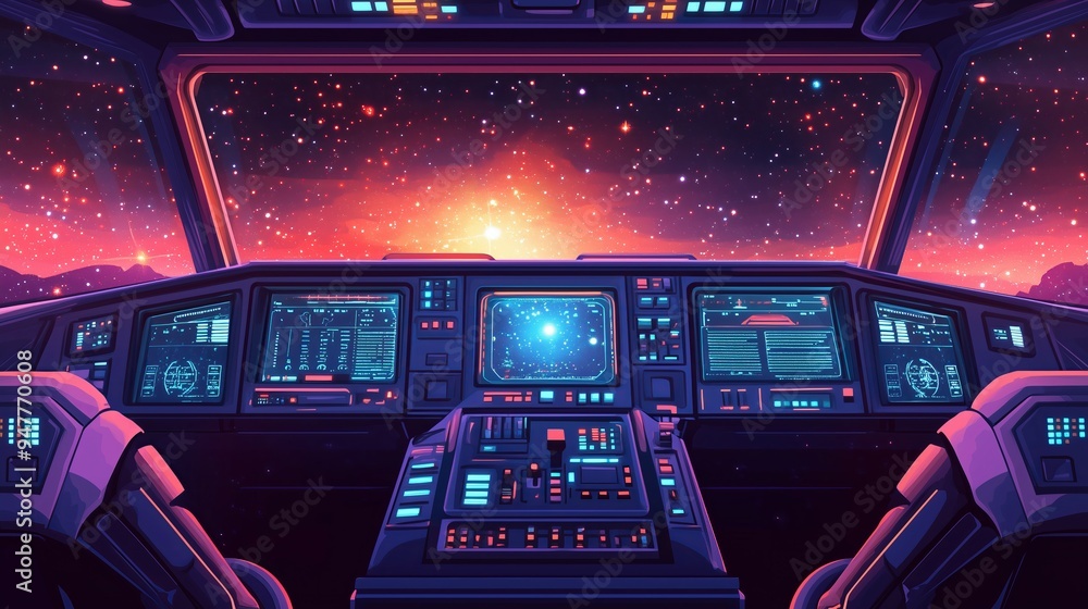 Pixel art retro game style spaceship cockpit cartoon with detailed ...