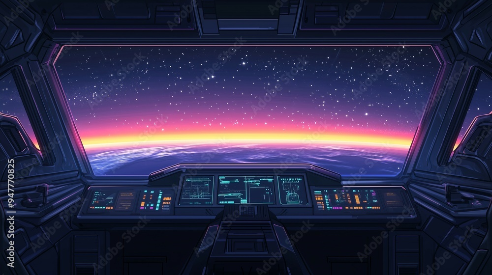 Pixel art retro game style spaceship cockpit cartoon with detailed ...