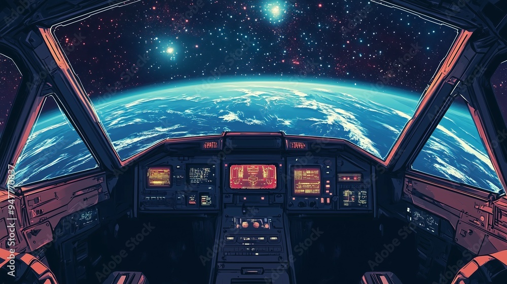 Pixel art retro game style spaceship cockpit cartoon with detailed ...