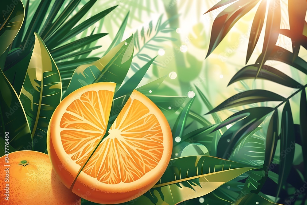 An illustration of an orange split in half, detailed segments visible ...