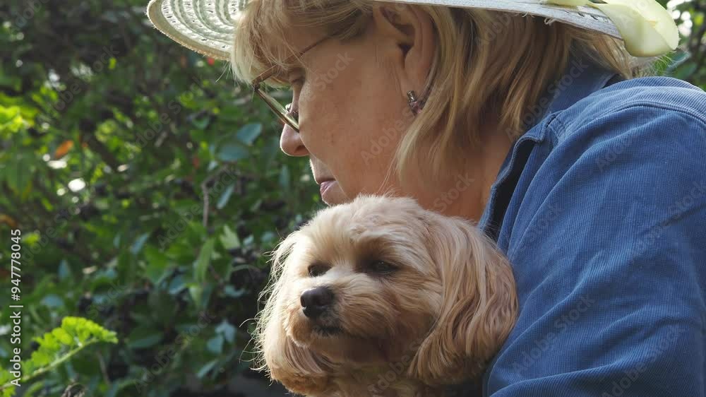 An elderly woman with a cute purebred Maltipu dog, golden in color ...