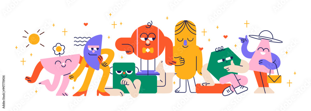 Cute geometric characters with funny happy faces. Geometry shapes group ...