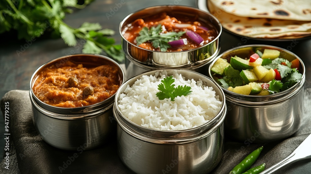 A typical Maharashtrian lunch box or tiffin filled with food Roti or ...