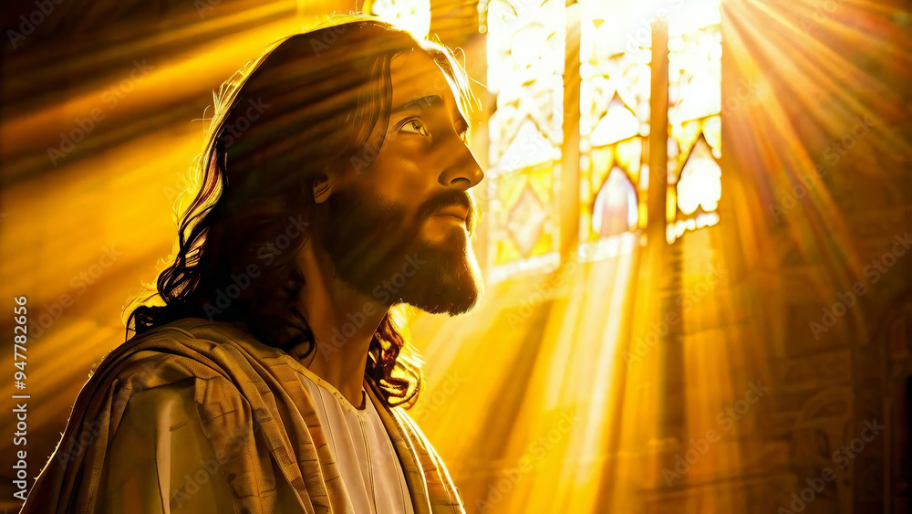 Jesus Christ Portrait in Church with Holy Light and Sacred Symbolism ...