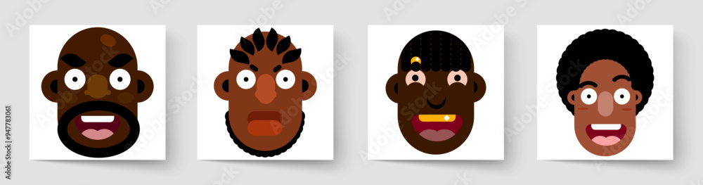 Set of aggressive faces of people of African-American races and nations ...