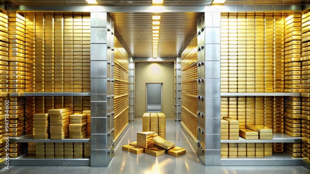Bank vault filled with gold bars and stacks of cash, rendering, bank ...