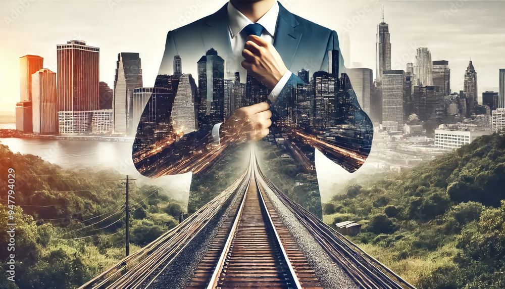 Depiction of a businessman's career journey with railway, rails and ...