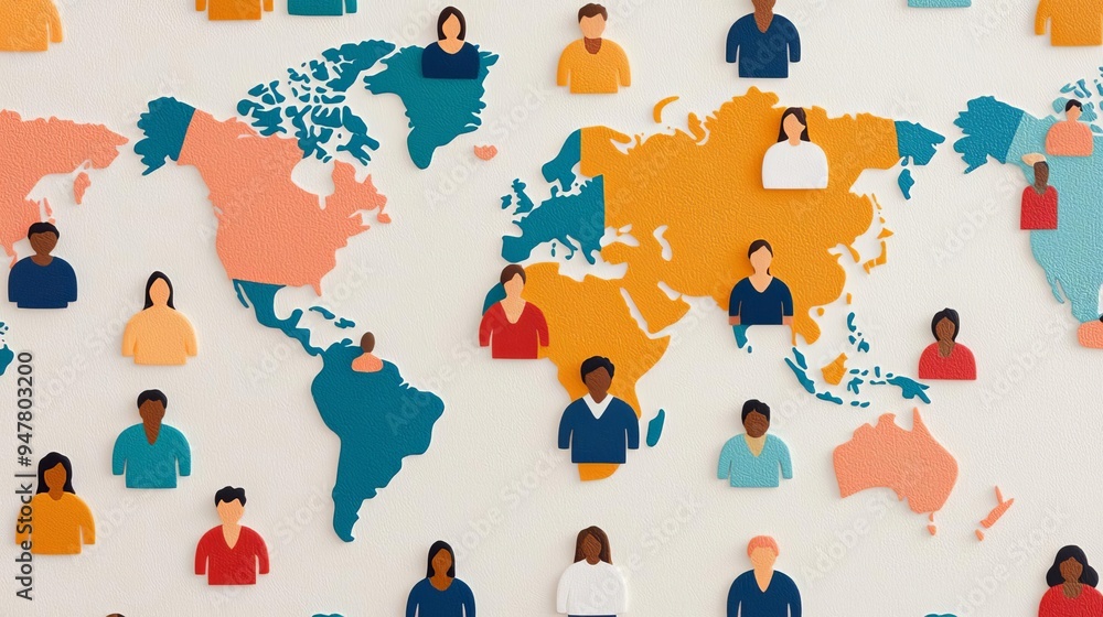 A colorful world map with diverse people icons representing global ...