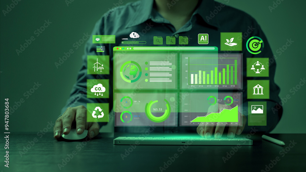 Green business and green investment concept. Businessman use a computer ...