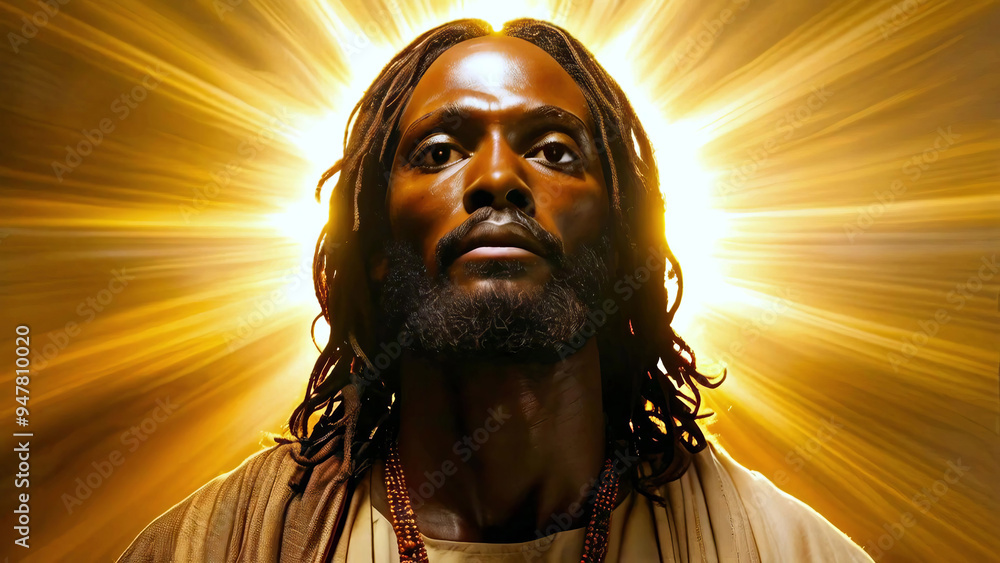 Portrait of Black Jesus Christ with a glowing halo and divine rays of ...
