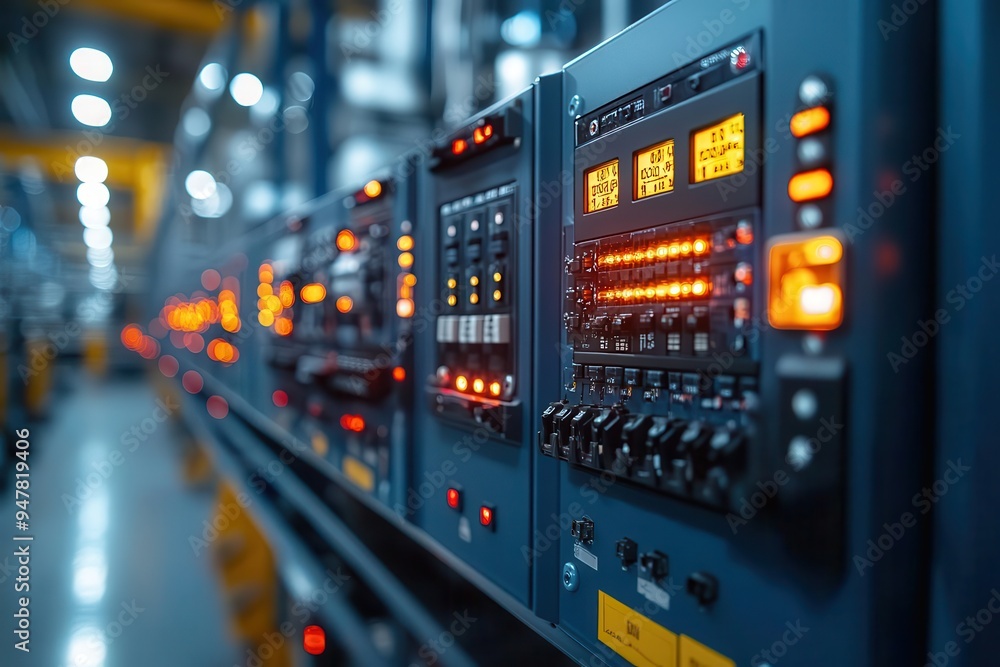modern electrical control cabinet in a pristine factory setting rows of ...