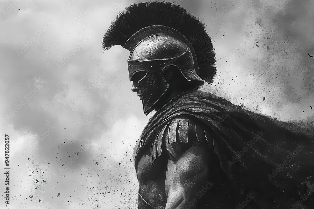 monochromatic illustration of fierce spartan warrior surveying ...