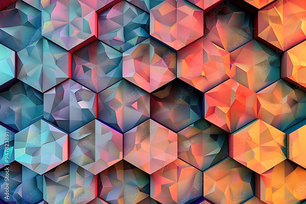 Overlapping hexagons, shifting angles, dynamic mesh, vibrant gradient ...