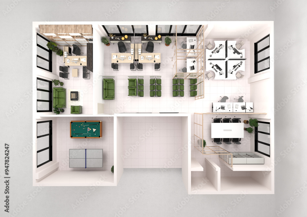 Office design with office rooms, manager room, meeting room, waiting ...