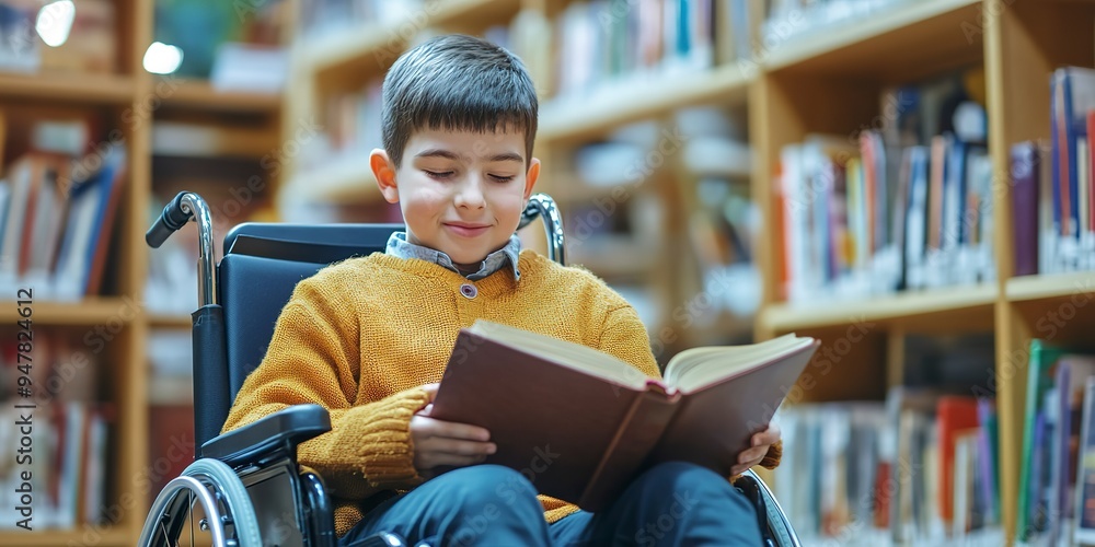 Inclusive image of a happy cute disabled school student in a wheelchair ...