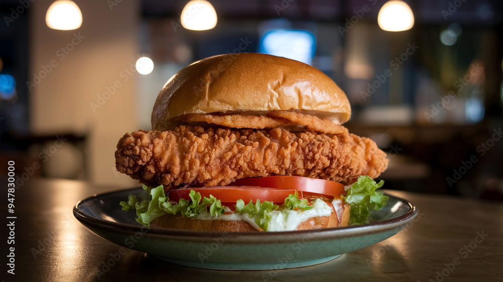 Crispy fried chicken burger with juicy fillet, fresh lettuce, and ripe ...