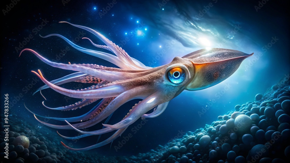 In the dark ocean depths, a Longfin squid glides through eerie ...