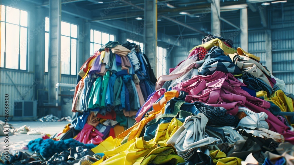 Piles of colorful clothing in a large industrial warehouse ...