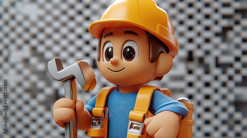 3d render cartoon human han3d holds spanner wrench professional plumber ...