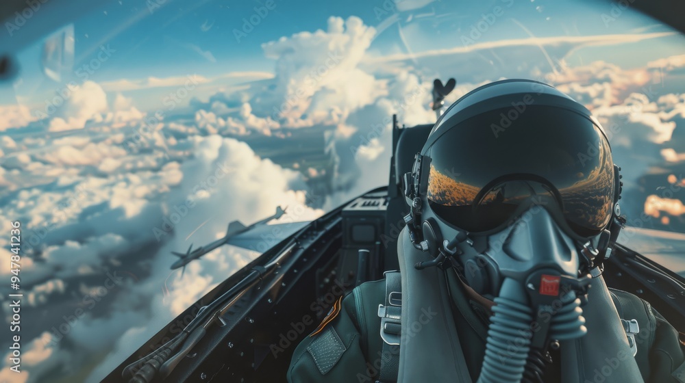 A fighter pilot seated in a cockpit, soaring through the clouds, giving ...